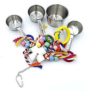 GILYGI Bird Parrots Pullable Stainless Steel Pots Toys, Bird Foraging Toys with Colorful Rope and Wooden Beads Rings for Small and Medium Parrot Bird