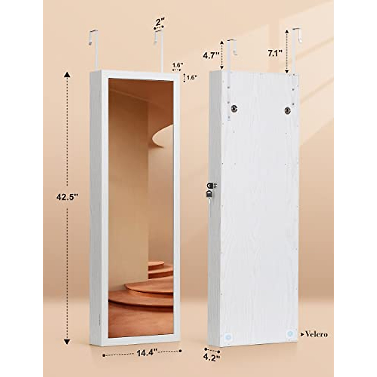 Nicetree 6 LEDs Mirror Jewelry Cabinet with 3 Improvements, 4.2" D Lockable Mirror with Jewelry Storage, Door/Wall Mounted Jewelry Organizer Mirror, Larger Capacity, White
