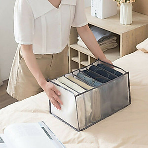 ANCOKKI Wardrobe Clothes Organizer, 7 Grids Visible Clothes Organizer drawers for Jeans, Leggings, T-Shirt, Skirt, Compartment Storage Box 2 Pack (Leggings Grid 2 Pack, Grey)