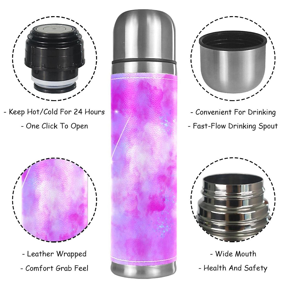 Stainless Steel Leather Vacuum Insulated Mug Starry Sky Thermos Water Bottle for Hot and Cold Drinks Kids Adults 16 Oz