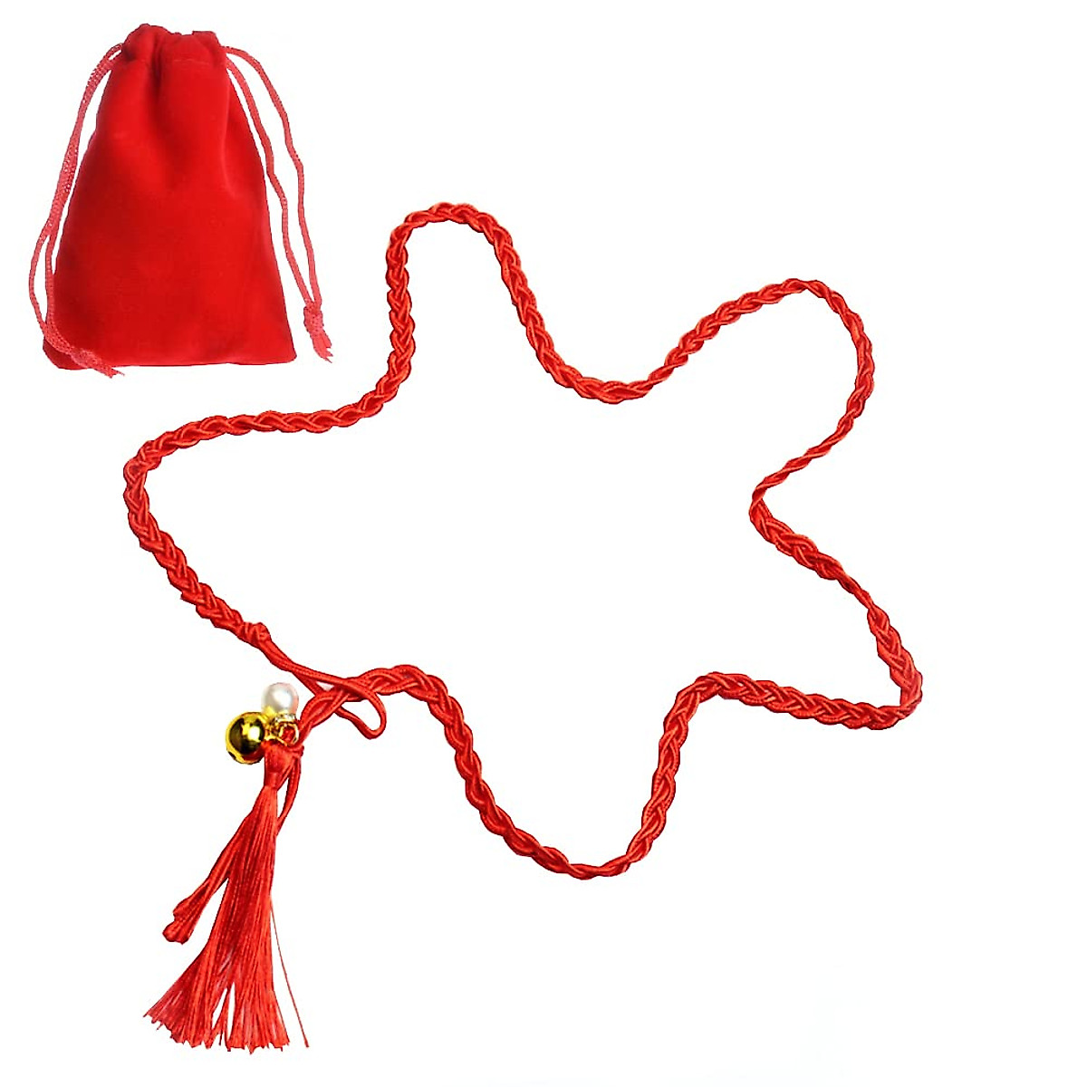 Thin Waist Rope Braid Belt Chain Exotic Women Waist Belt Rope Chain with Tassel Bead Bell Good Luck Belly Rope Bracelet, Red