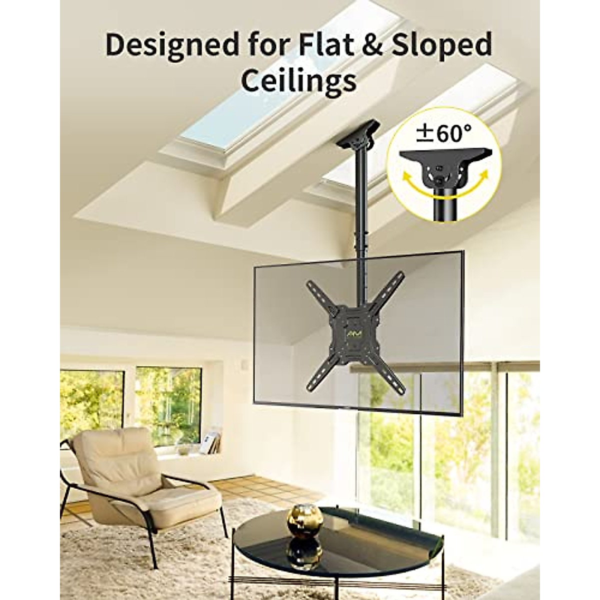 AM alphamount Ceiling TV Mount for 13-55 Inch LCD LED OLED 4K TVs/Monitors, Hanging TV Mount Bracket Swivels Tilts Rotates fits Flat/Sloped Roof, Max VESA 400x400mm, Holds up to 77lbs