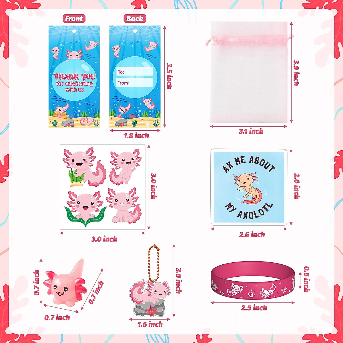 EYxsaxenk 122Pcs Axolotl Party Favor Pack of Reptile Animal Rubber Bracelet Resin Ornaments Temporary Tatto Sticker Keychain with Thank You Cards and Organza Bag for Axolotl Party Goodie Bag Supply