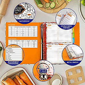 Recipe Binder, 9.5 inch x 11 inch 3 Ring Recipe Binder Kit with 50 Plastic Protectors, 100 5 inch x 7 inch Recipe Cards & 8 Category Divider Tabs, Organizer Set Orange Cartoon Design (XL)