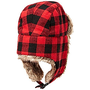 Amazon Essentials Men's Trapper Hat with Faux Fur, Red Buffalo Check, One Size