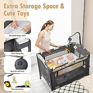 GLACER 4-in-1 Baby Bedside Bassinet w/ Safety Strap, Angle-Adjustable Baby Bedside Sleeper w/ Lockable Wheels, Changing Table, Storage Bag, Music Box & Toys, Foldable Baby Playpen for 0-36 Months