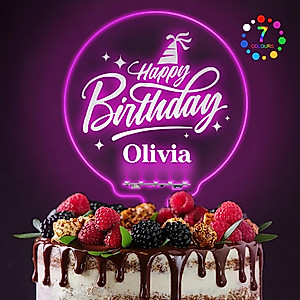 LED Personalized Happy Birthday Cake Toppers 7 Colour Changes Light Up Cake Topper Acrylic Cake Toppers Cake Decorations for 1st 16th 18th 20th 21st 30th 40th 50th 60th 70th(Design1)