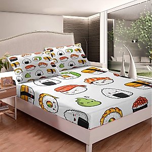 Sushi Pattern Bedding Set Twin Size Cute Bed Set for Girls Teens Bedroom Decor Kids Cartoon Japanese Style Fitted Sheet Soft Microfiber Kawaii Bed Cover (1 Fitted Sheet + 1 Pillow Case)