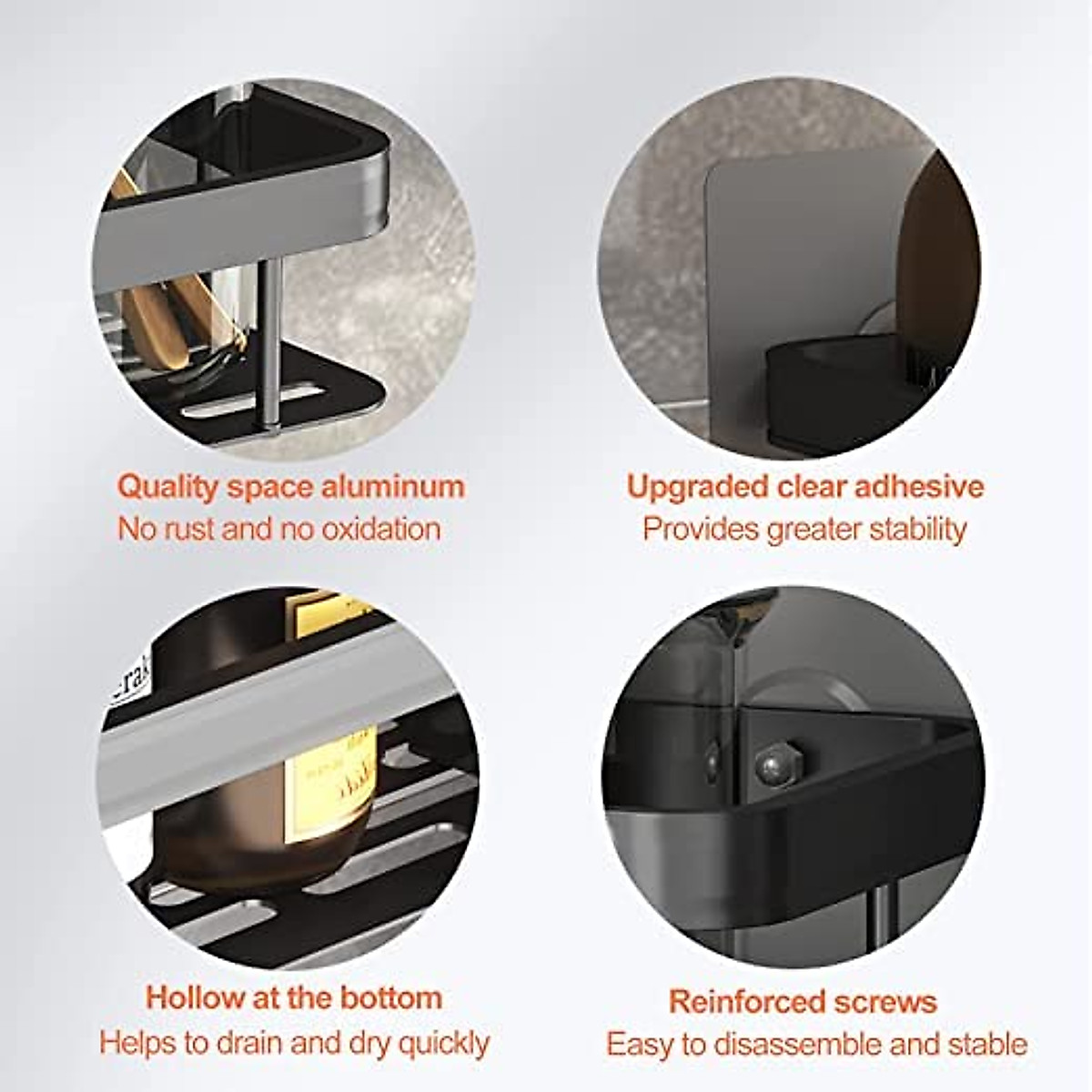 2Pack Adhesive Shower Caddy Bathroom Shower Organizer with 4 Hooks, Space Aluminum Shower Shelves - Rustproof Waterproof and Easy Mount