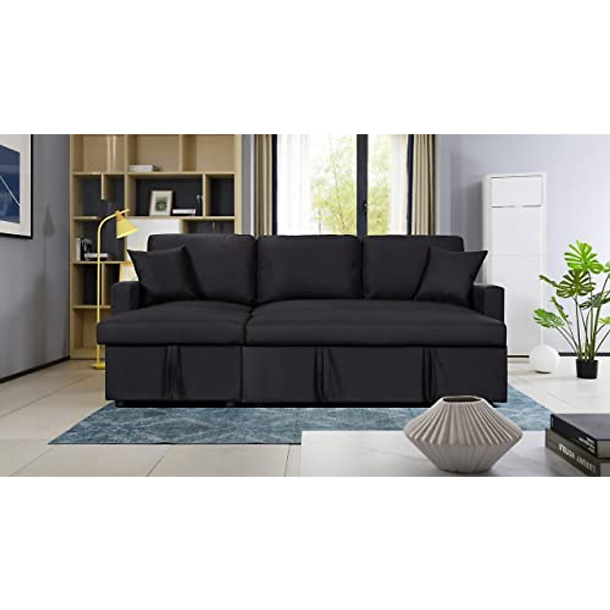 FurniFusion Living Room L-Shape Linen Reversible Sleeper Sectional Sofa with Storage Chaise, Black Corner Couch with Arms for Home Furniture, Apartment, Dorm, 82 Inch