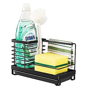 Oyydecor Sink Caddy, Sponge Holder for Kitchen Sink Organizer, 304 Stainless Steel Rustproof Countertop Sponge Brush Soap Holder with Drain Pan for Counter (Black)