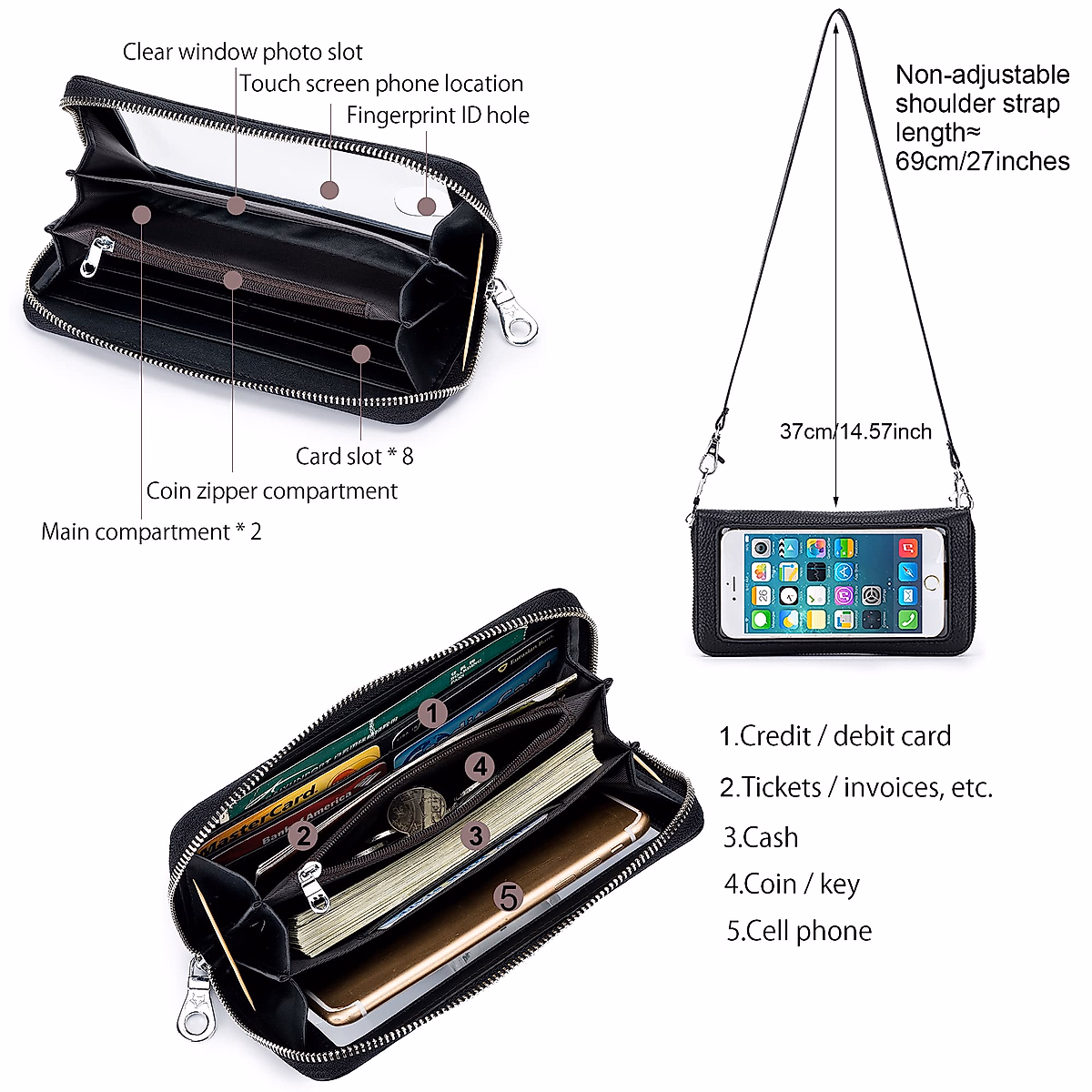 Genuine Leather Shoulder Bag Cell Phone Bag with Touch Screen Window Women Wallet Purse with Card Slots Coin Pouch Wine Red