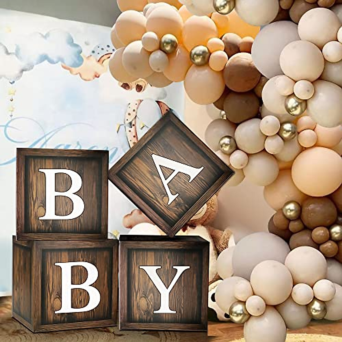 Wood Baby Shower Balloon Boxes, 4 Pcs Brown BABY Balloon Boxes with 30 Letter (A-Z + BABY) Wood Grain Printed for Boy Woodland Bear Baby Shower Party Decorations and Supplies