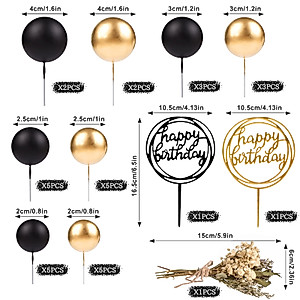 33 PCS Mini Ball Cake Topper Cupcake Insert Acrylic Cake Topper Artificial Dried Flowers Cake Decorations for Anniversary Graduation Birthday Party Baby Shower (Black, Gold)