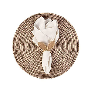 Trunkin' Set of 2, 14" Natural Jute & Wooden Beads Embroidered Placemat | Table Placemats for Easter Holiday or Spring Season | Table Mats for Party, Wedding