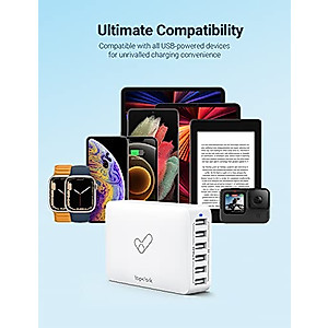 USB Charging Station, Topvork 6-Port USB Wall Charger, Multiport 60W USB Charging Hub, 6-in-1 Desktop USB Charger, Compact USB Charger Block for iPhone 13/13 Pro/iPhone 12, Galaxy, Note, Pixel & More