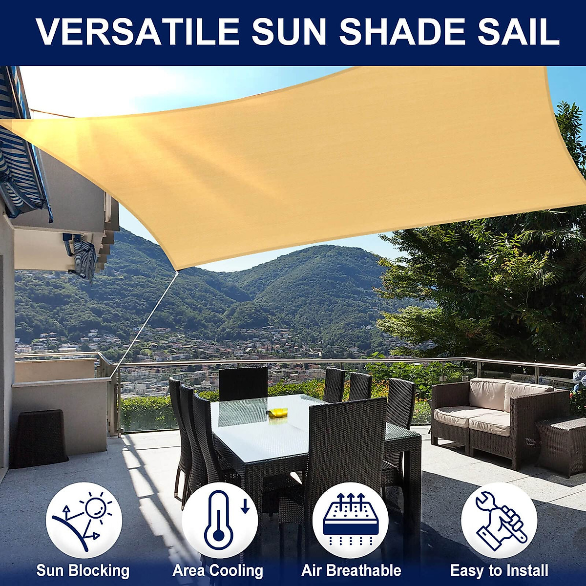 PureFit Rectangle Sun Shade Sails Outdoor 10 x 13 ft - Sun Protection Sunshades UV Block Shade Canopy, Patio Shades for Backyard, Deck and Lawn, Sand