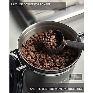 NoctiXus Stainless Steel Coffee Canister/Container for Airtight Food Storage with Date Tracker. Scoop and Release Valves Included. 22 Oz. Black