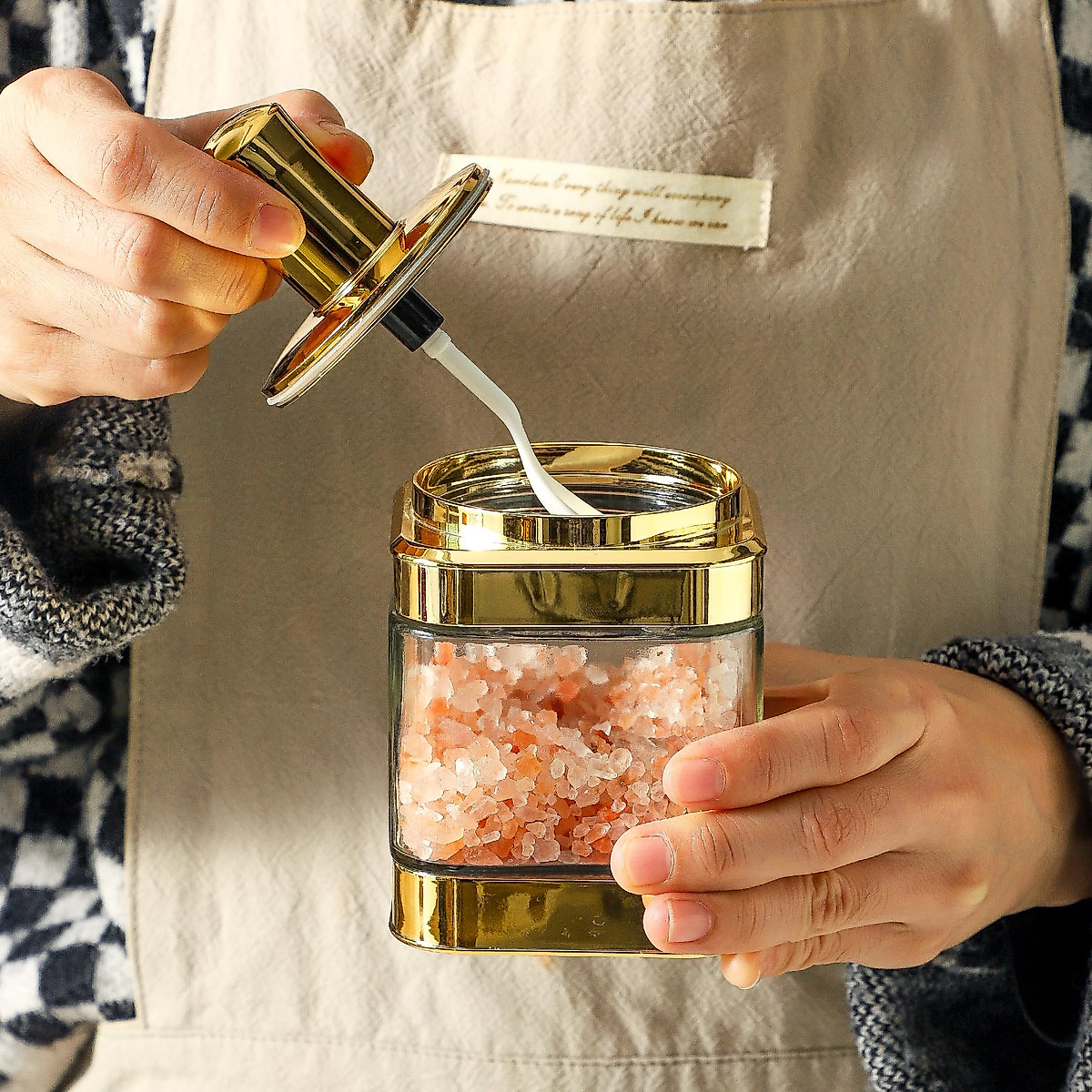 BETTWILL Glass Condiment Spice Jars, Container with Lids and Spoons(11oz/320 ml), Gold Salt Jar, 2Pack Seasoning Box Set for Sugar, Pepper, for Kitchen Counter，Brown Sugar Container.