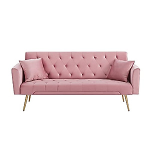 ERYE 3-in-1 Upholstered Futon Loveseat Convertible Sleeper Bed,2-Seaters Sofa & Couch Soft Cushions Love Seat Daybed for Small Space Living Room Napping Sofabed, Pink Velvet Metal Legs