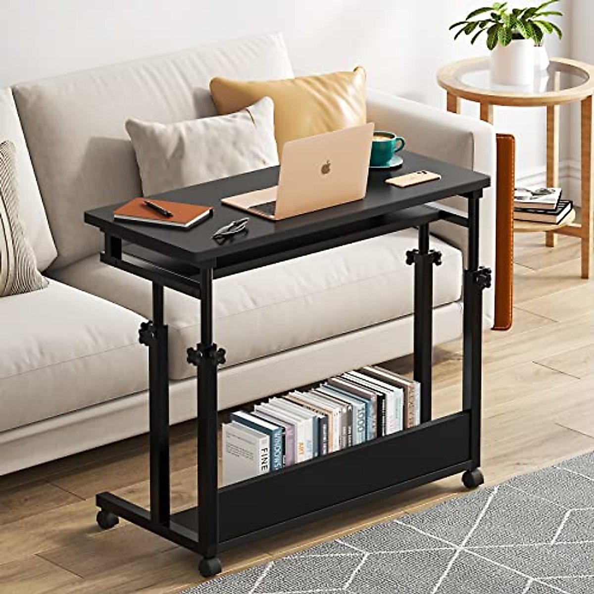 TRIBESIGNS WAY TO ORIGIN Mobile Portable Desk with Wheels, Height Adjustable Laptop Table Standing Rolling Computer Desk, Small Standup Desk with Keyboard Tray for Sofa and Bed, Home, Office, Black
