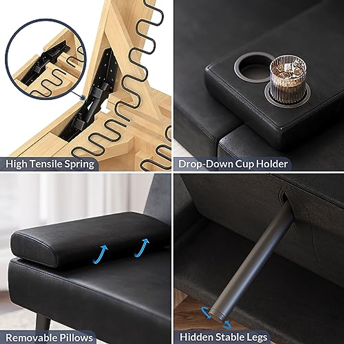 BELLEZE Futon Sofa Bed, Comfy Couch Convertible Sofa Bed with 2 USB Ports, Removable Armrests and Adjustable Backrest, Modern Loveseat Sofa for Living Room, Small Space - Madison (Black Faux Leather)