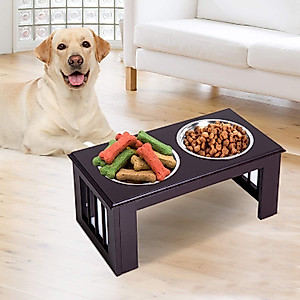 PawHut 10" Height Small Puppy Dog Feeding Station for Messy Pets, Stainless Steel Elevated Dog Bowls with Modern Wooden Frame, Dog Food Stand Pet Feeding Station, Dark Brown