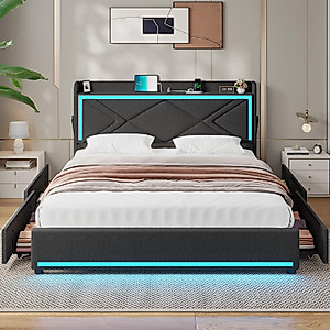 HAUOMS Queen Bed Frame with Stoarge Drawers and LED Lights, Upholstered Platform Bed with Type-C & USB Charging Station, LED Bed Frame Queen with Storage Headboard, No Box Spring Needed, Dark Grey
