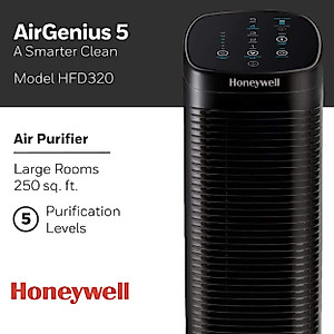 Honeywell HFD320 Air Genius 5 Air Purifier with Permanent Washable Filter Large Rooms (250 sq. ft.) Black