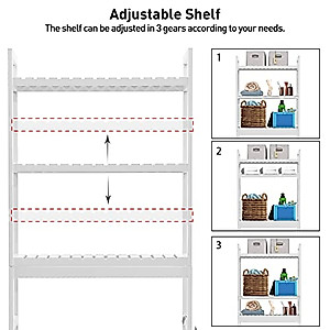 HITOMEN Over The Toilet Storage Cabinet, Bamboo Adjustable 3-Tier Above Toilet Shelf, Stable Freestanding Above Toilet Organizer with 3 Hooks for Bathroom Restroom Laundry Balcony, White 67" H