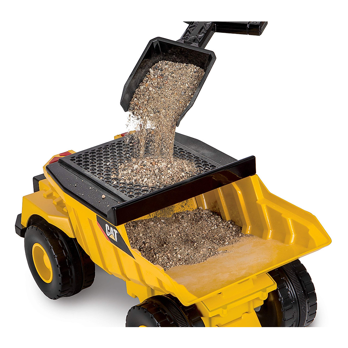 CAT Shovel and Sift Dump Truck Ride-On Toy for Kids and Children Ages 1-3 Years Old, Featuring Realistic Job Site Sounds and Removable Sifter and Shovel, Yellow/Black, by Kid Trax