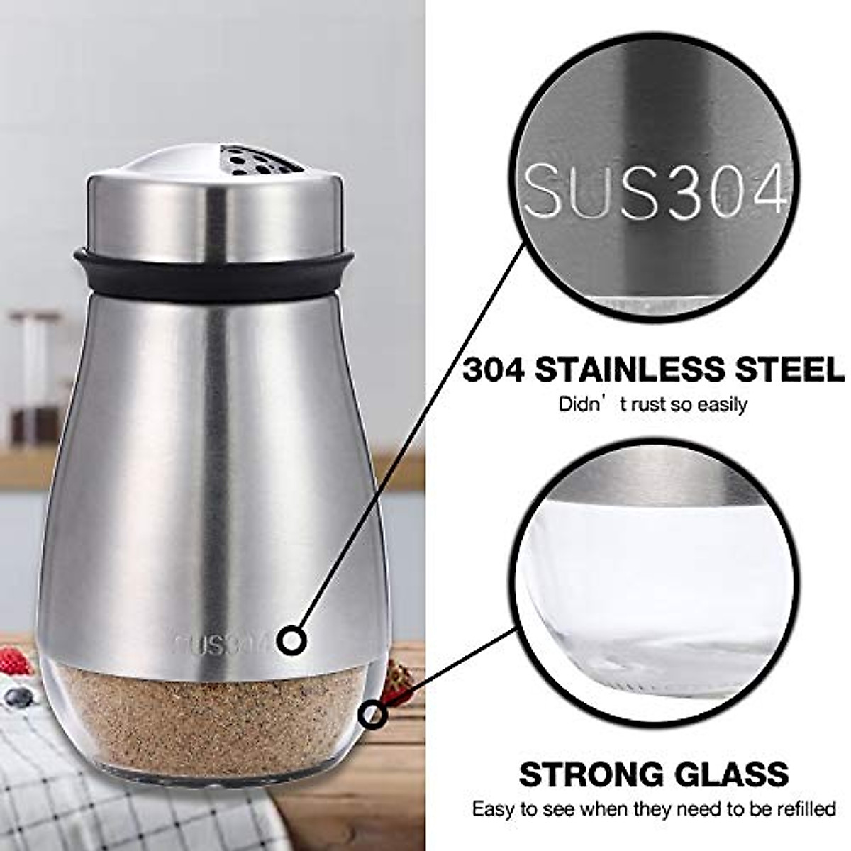 TUAEB 2pcs Salt and Pepper Shakers Set - Salt Shaker with Adjustable Pour Holes - 304 Stainless Steel & Glass Spice Dispenser Refillable - Perfect for Black Pepper, Kosher And Sea Salts - Seasoning