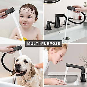 KAIYING 8 Inch Widespread Bathroom Faucet, 3 Piece Pull Down Bathroom Faucet, Bathroom Faucet 3 Hole with Pull Out Sprayer, Two Handle Vanity Faucet with Overflow Pop Up Drain (Matte Black)