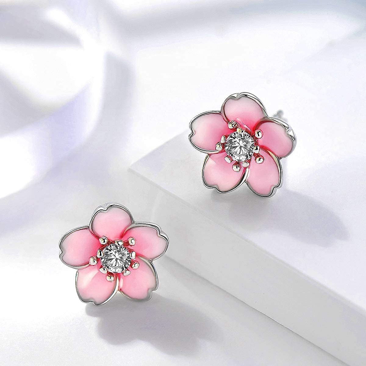 Pink Flower Earrings for Women, 925 Sterling Silver Stud Earrings, Cute Plumeria Earrings For Girl, Cherry Blossom Hypoallergenic Stud
