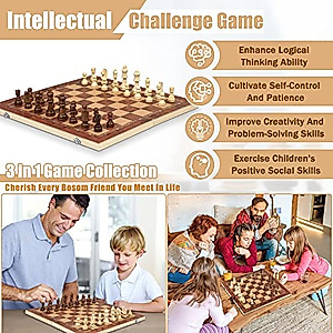 Chess Checkers Backgammon 3-in-1 Board Games Sets, Wooden Chess Set for Adults & Kids, 17.2" Lightweight Checkers Board Game,Strategy Backgammon Sets for Adults, Travel Chess Board Game Pieces Storage