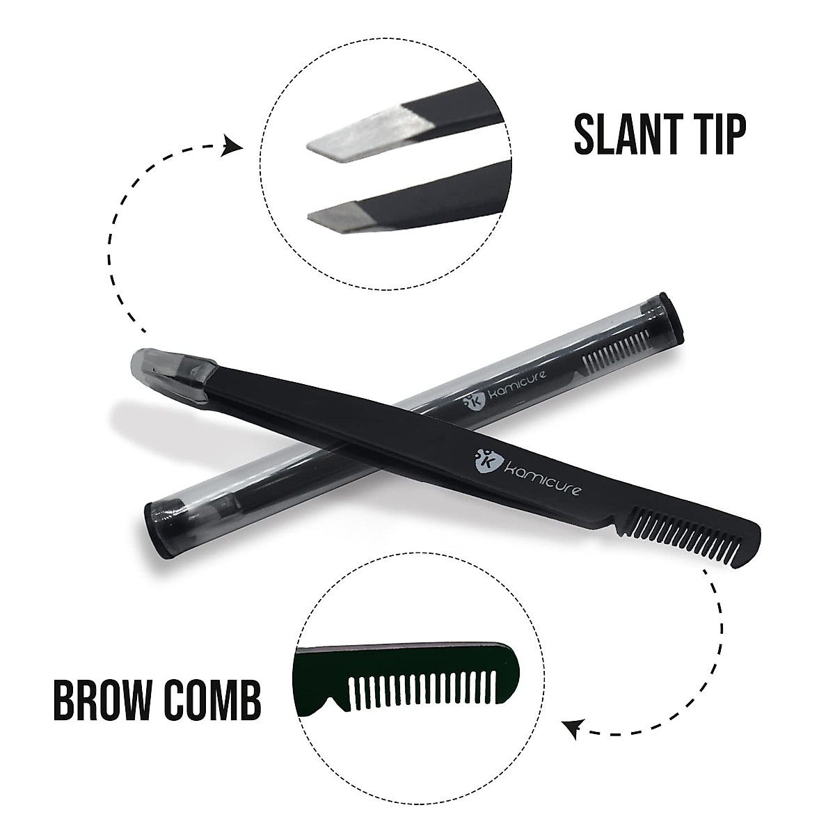 KAMICURE - Professional Tweezers with Comb Feature, Eyebrow Tweezers for Women Facial Hair Slant Tip Stainless Steel Ingrown Hair Tweezer