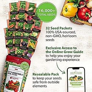 32 Heirloom Vegetable and Fruit Seeds for Planting - 16,000+ Seeds | Non-GMO Survival Seed Vault | High Germination | 32 Varieties of Vegetable Seeds for Your Home Survival Garden - Packaging may vary