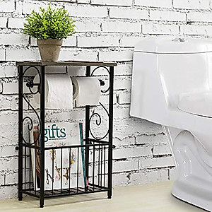 MyGift Scrollwork Black Metal Toilet Paper Roll Holder and Magazine Rack Stand with Gray Solid Wood Display Shelf