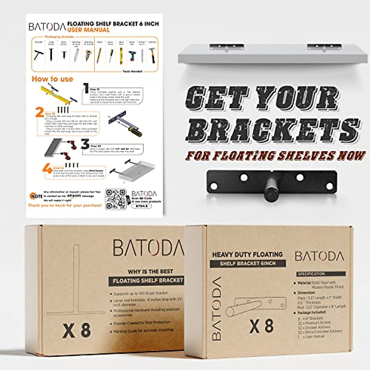 BATODA - 6" Floating Shelf Bracket Heavy Duty (8 pcs)-Solid Steel Blind Shelf Supports - Hidden Brackets for Floating Wood Shelves - Blind Shelf Support - Shelving Mounting Hardware Included (Pack 8)