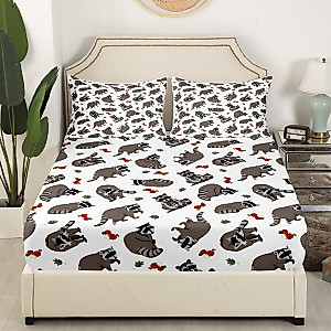 Feelyou Cute Raccoons Bedding Fitted Sheet Cartoon Raccoon Bed Sheet Set for Kids Boys Girls Lovely Fruits Leaves Decor Bedding Sheets Grey Animal Bed Cover with 2 Pillowcases 3Pcs Bedding Queen