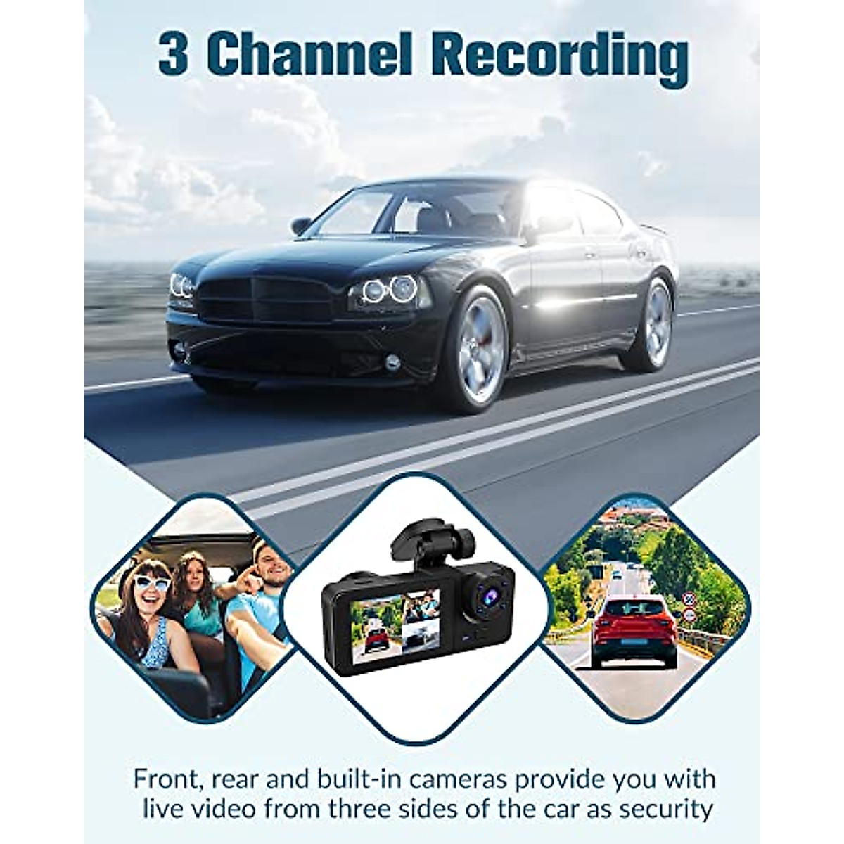 3 Channel Dash Cam Front and Rear Inside,1080P Full HD 170 Deg Wide Angle Dashboard Camera with 32GB SD Card,2.0 inch IPS Screen,Built in IR Night Vision,G-Sensor,Parking Mode,Loop Recording