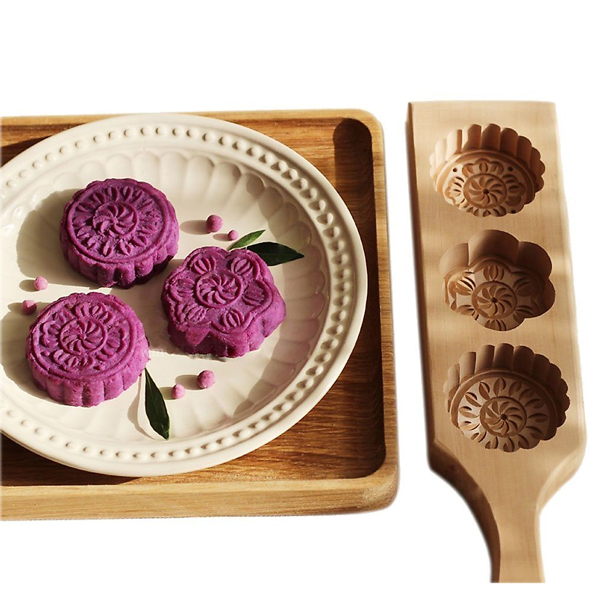 MoonCake Mold Chinese Traditional Mid-autumn Festival Moon Cake Mold 3 Flower Shape Wooden Handmade Baking Mold for Muffin Mooncake Cookie Biscuit Chocolate Pumpkin Pie