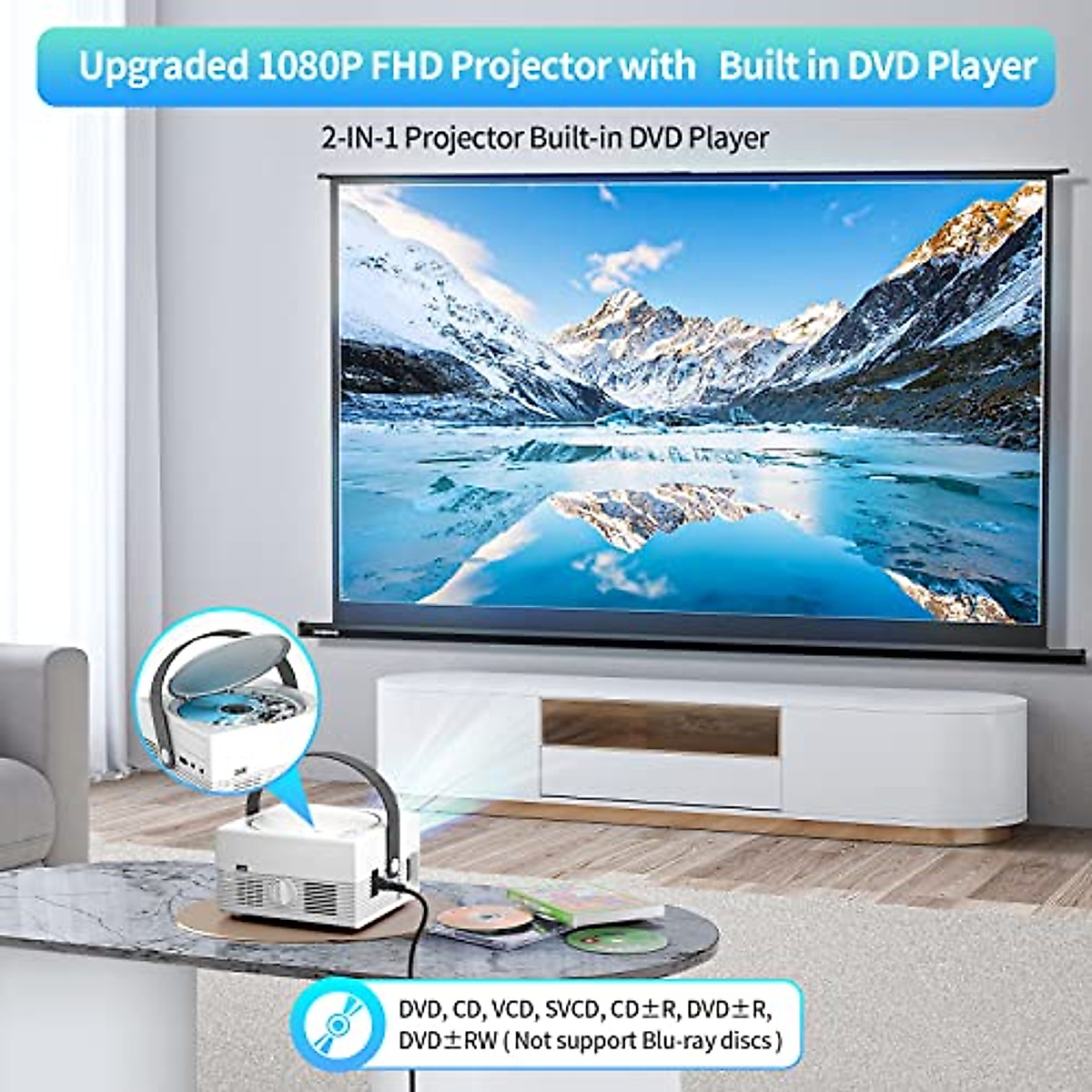 Mini Projector Built in DVD Player, FELEMAN 1080P HD Portable Bluetooth Projector with HiFi Speaker, 8500L Home Theater Movie Projector Compatible with HDMI/TV Stick/AV/USB/Smartphone