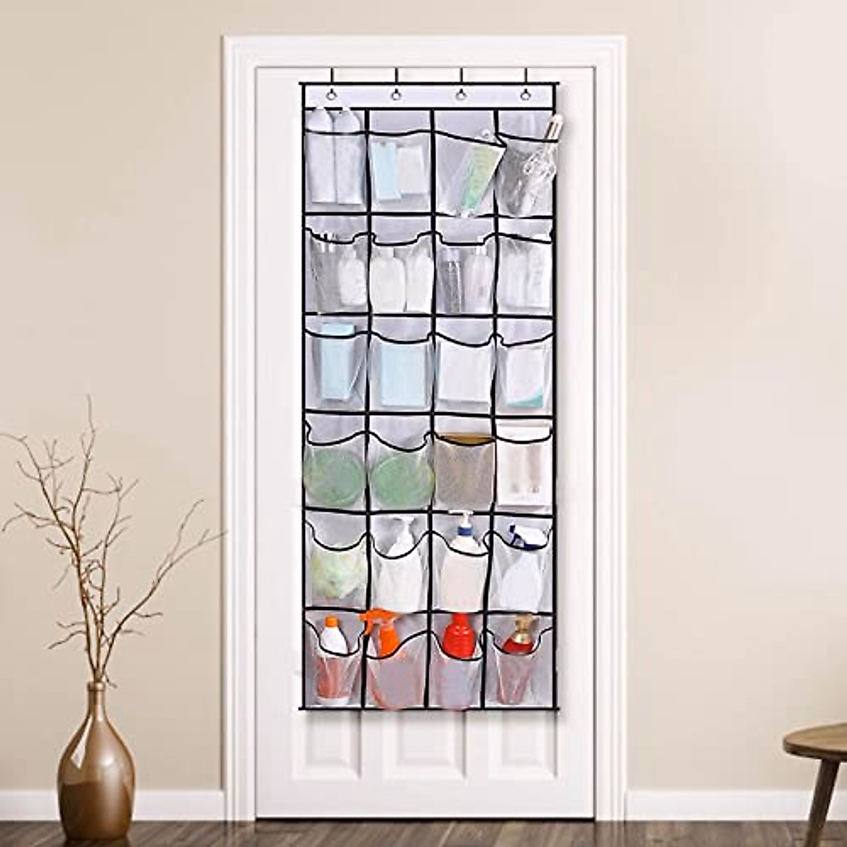 TOPUUTP Over The Door Shoes Organizers With 24 Mesh Large Pockets Hanger Storage Organizer Bag For Bedroom Clear Fabric Shoes Behind Door Shoes Hang Holder Rack for Closet Entryway (white)