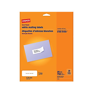 White Mailing Labels for Laser & Inkjet Printers, 1" x 2-5/8", 750/Box