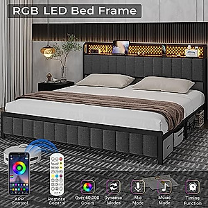 ADORNEVE King Size Bed Frame with LED Lights Headboard, Upholstered Platform Bed with Charging Station, LED Bed Frame with Storage Headboard, Upgraded 2-Row Mid-Beams, Noise-Free, Dark Grey