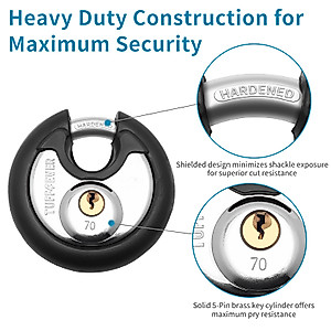 Tuff4ever 70mm Disc Padlock with Stainless Steel 3/8-Inch Shackle Heavy Duty Lock Round Outdoor Lock Storage Unit Lock Black Rubber Bumper with 3 Keys