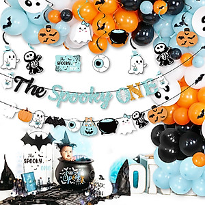 K KUMEED Blue Halloween Birthday Party Banner,The Spooky One Banner and Hanging Swirl Decorations Kit,Cute Ghost Pumpkin Bat Swirl Streamers for First Birthday Party Decorations Boys Girls