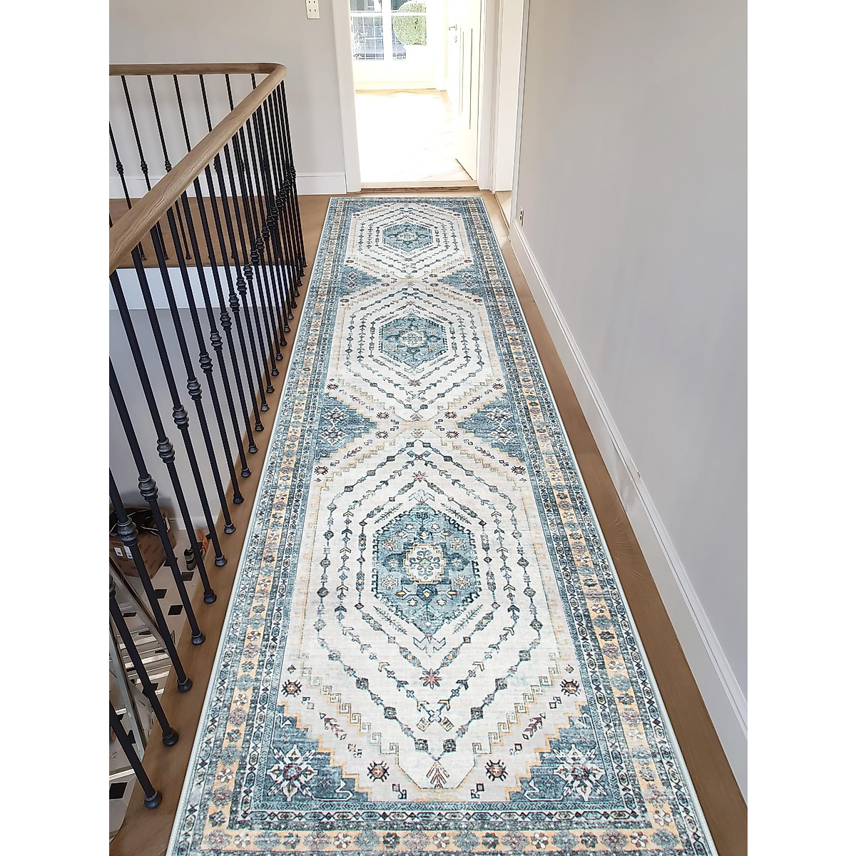 Sivilife Boho Hallway Runner Rug Washable Runner Rugs for Hallway, 2'6''X10' Extra Long Kitchen Rugs Non Slip, Blue Runner Rugs with Rubber Backing, Tribal Carpet Runner Rugs for Entryway Corridor