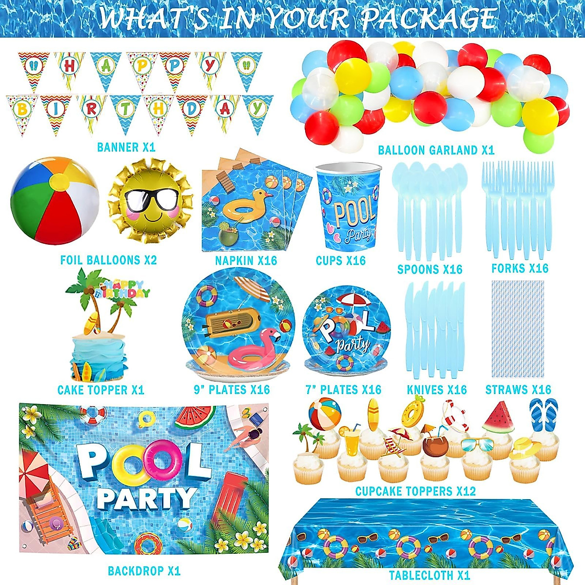 Hombae Pool Party Decorations, Summer Beach Swimming Themed Birthday Supplies Backdrop Balloon Banner Tablecloth Cake Topper Plate Napkin Cup Straw Knife Fork Spoon Cool Blue Tableware 205 PCs